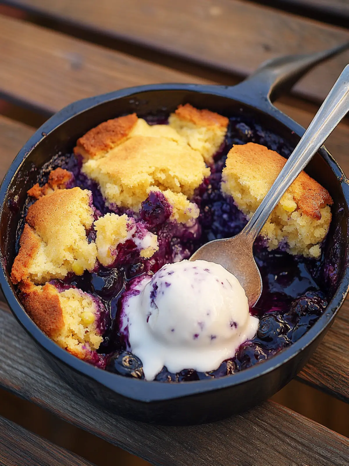Ultimate Blueberry Cornbread Cobbler with Honey Vanilla Ice Cream