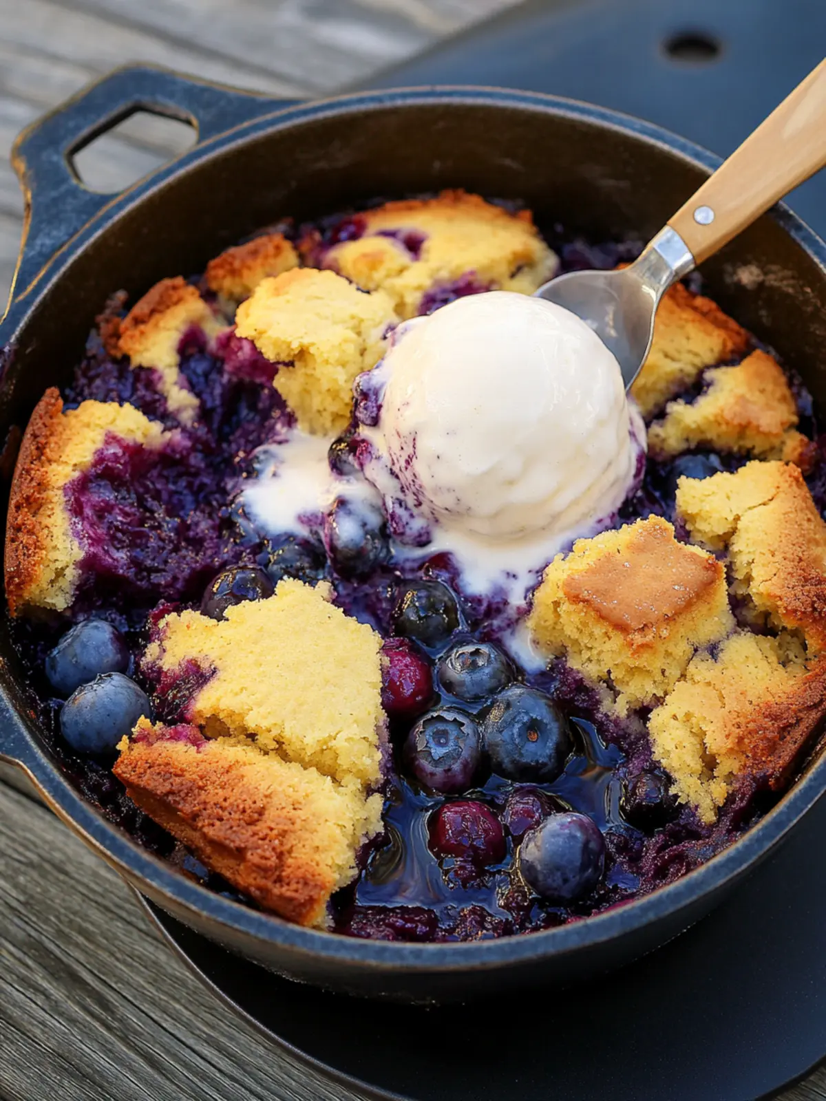 Ultimate Blueberry Cornbread Cobbler with Honey Vanilla Ice Cream